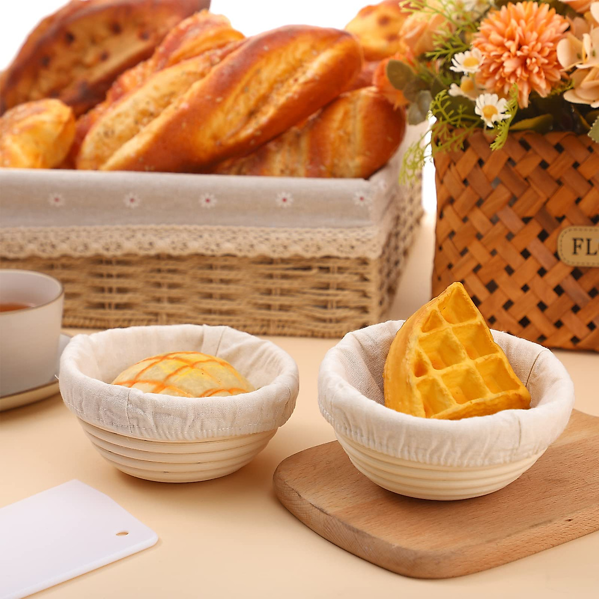 Irenare 10 Pcs Bread Banneton Proofing Basket Round Dough Sourdough Proofing Basket Rattan Bakery Baking Bread Bowl with Liner and Scraper Tool Set for Starter Gifts Professional Home Bakers (5 Inch)