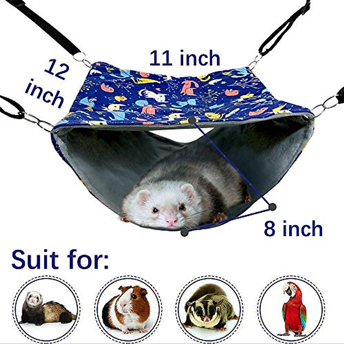 FULUE Double Ferret Rat Guinea Pig Hammock, Large Double Corner Hanging Hammock and Beds for Ferrets Cage Hanging Ferret Bed (Blue)
