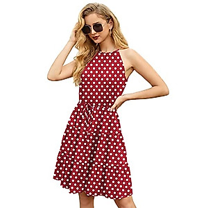 GRECERELLE Women 2023 Summer Halter Neck Dresses Sleeveless Casual Polka Dot Print Short Boho Ruffle Sundress(Medium, PD Wine Red)