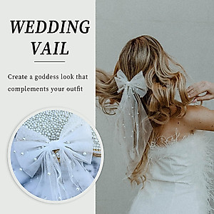 YAEISM Bridal Pearl Hair Bow Veil Bachelorette Party Decorations White Bow Short Wedding Veil Elegant Double Bowknot Bride Hair Clip Engagement Bridesmaid Gift