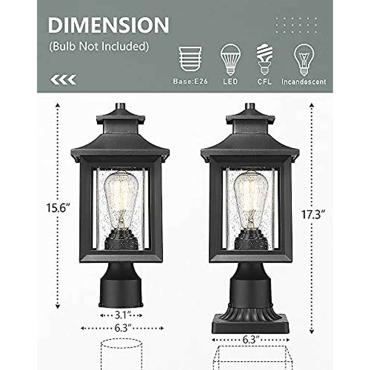KAUEN 2 Pack Outdoor Post Light,Exterior Post Light Fixture,17.3" Height,3-Inch Pier Mount Base,Sand Black with Clear Seeded Glass,Outdoor Light for Patio, Porch, Yard, Garden