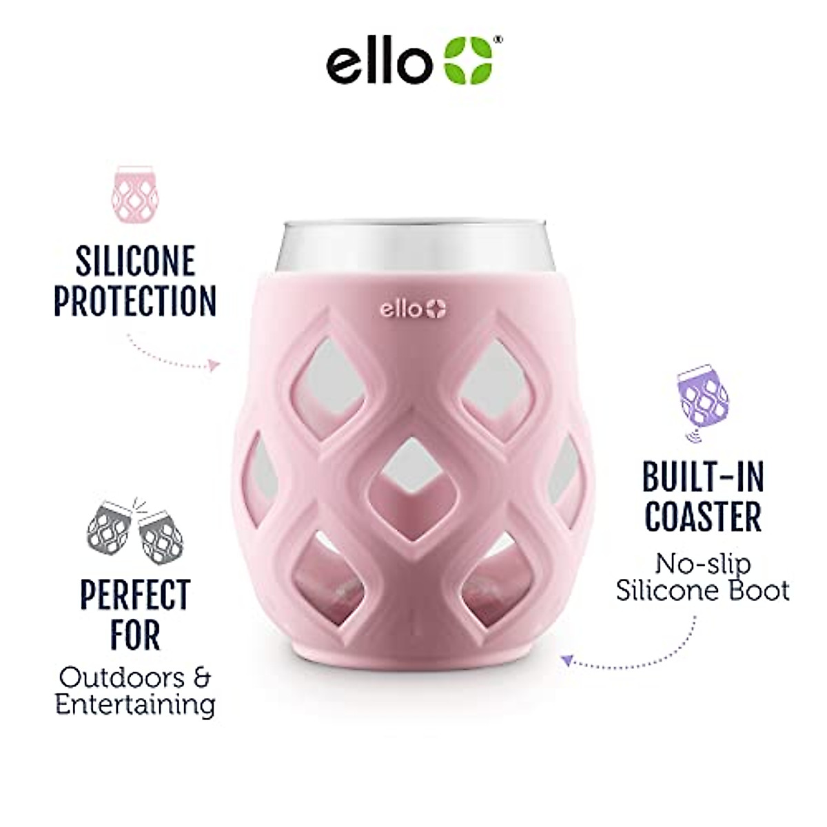 Ello Cru 17oz Stemless Wine Glass Set with Protective Silicone Sleeves, 4 Pack Cocktail Glass Perfect for Summer Patios and Parties Holiday Gifting Her Him Mother's Day, Dishwasher Safe, Rose