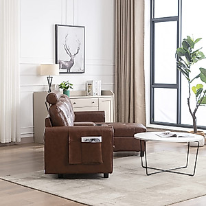 KINFFICT Modern PU Leather Sectional Sofa with Chaise, Comfy 3 Seat Sectional Couch with Storage, Cup Holders, and Comfy Headrest, L Shaped Couch Furniture Set for Living Room, Brown