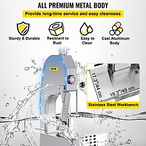 VEVOR 110V Bone Saw Machine, 1500W Frozen Meat Cutter, 2.1HP Butcher Bandsaw, Thickness Range 4-180mm, Max Cutting Height 215mm, Worktable 19.3x17.3inch, Sawing Speed 19m/s, Equipped with 6 Saw Blades