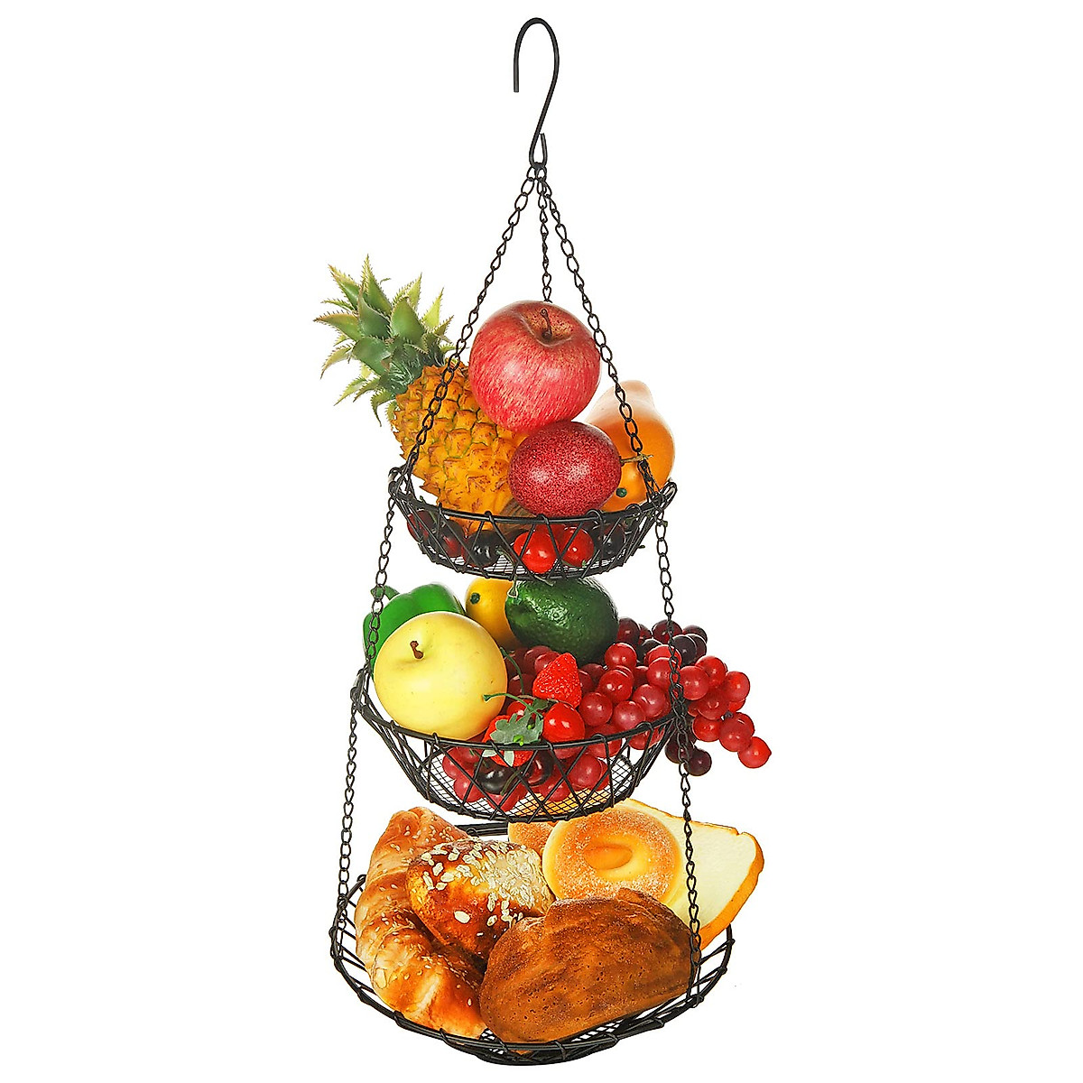 WILLIZTER 3 Tier Hanging Basket with Sturdy Metal Chain Hanging Hooks Fruit and Vegetable Basket Heavy Duty Wire Organizer Space Saving Rustic Country Style Kitchen Storage