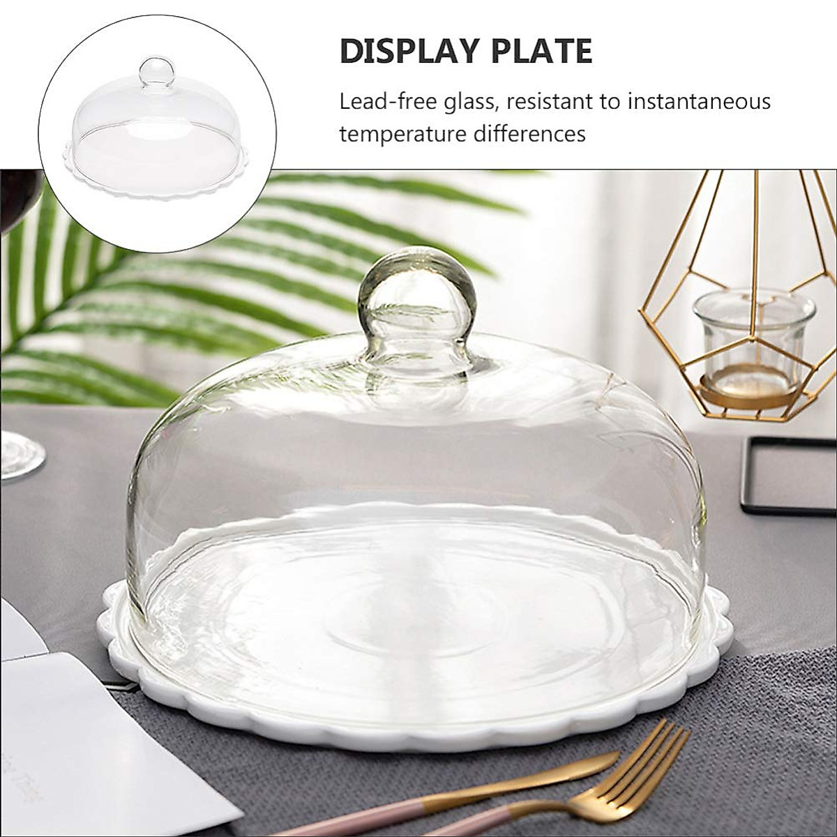 DOITOOL Ceramic Cake Plate with Glass Dome Glass Dessert Holder Clear Cupcake Stand Decorative Serving Tray Dish Rack for Fruit Dessert Cake White