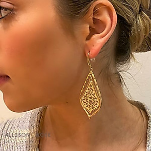 ALLISON ROSE ATELIER – Women's Boho Dangle Earrings – Worn Gold Plating with Filigree Design Medallion in a Chandelier Shape – 2.36” Length. Lightweight Bohemian Dangle Earrings for Women