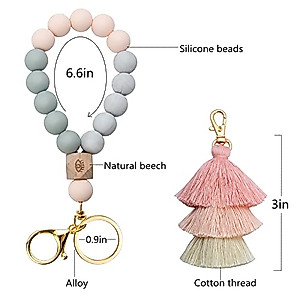 Bisanzoya Beaded Keychain with Tassel, Silicone Key Ring Bracelet, Boho Car Key Chain Wristlet Cute Tassel for Women and Girls (Pink)