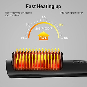 Hair Straightener Brush, AmoVee Ionic Hair Straightener Comb,15s Fast Heating up, 5 Adjustable Temp 285℉-430℉, Auto Temp Lock Straightening Brush for Home Salon, Dual Voltage, Blue