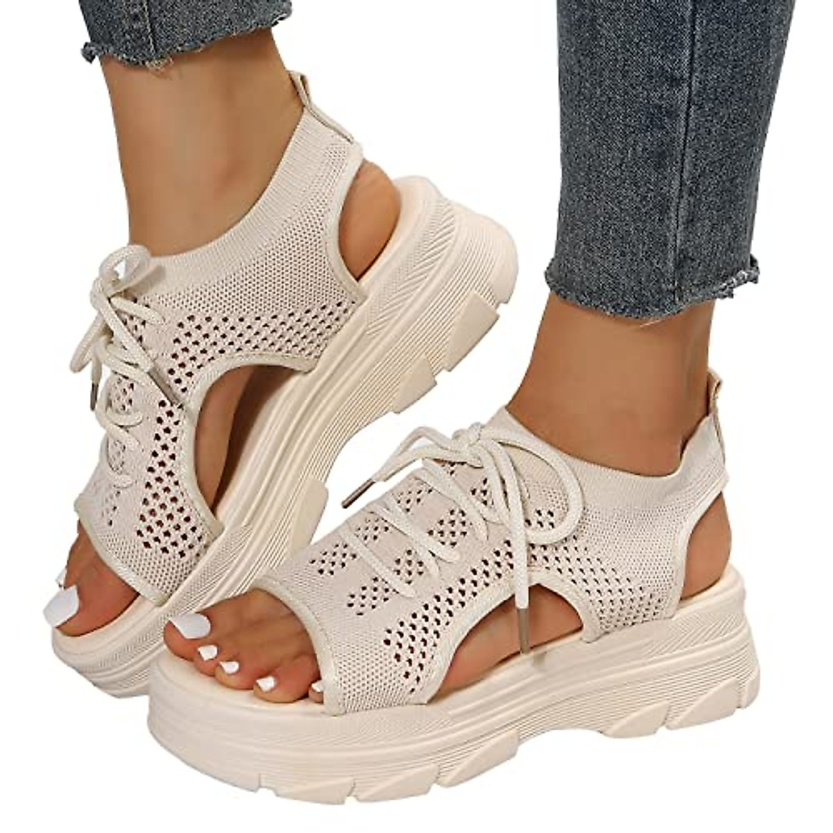 Mzluyin Casual Sandals Thick Bottom Muffin Shoes Breathable Mesh Hollow Out Sandals Lace Up Slingback Open Toe Wedges Comfortable Beach Shoes Sandals, 7.5, Beige