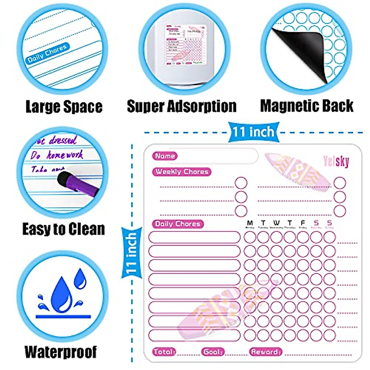 2 PCS Chore Chart for Kids & 6 Dry Erase Markers with Eraser, Dry Erase Magnetic Chore Charts for Kids Multiple Kids, Weekly Daily Behavior Reward Chart Whiteboard for Kids Teenagers on Refrigerator