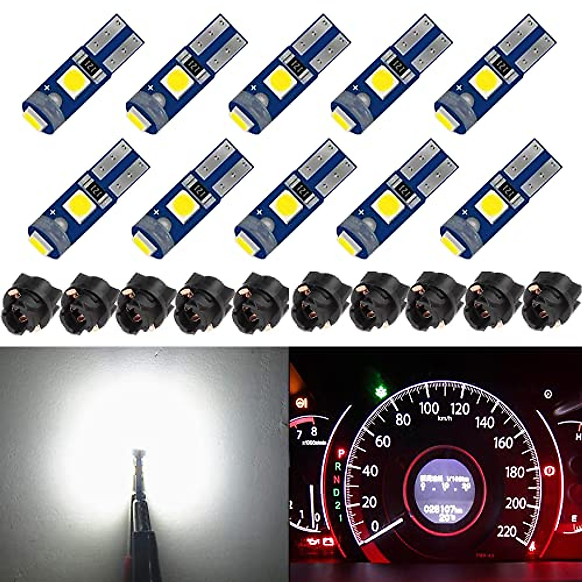 BlyilyB 10-Pack T5 37 74 LED Bulb With Twist Lock Socket PC74 PC37 Dashboard Instrument Panel Gauge Cluster Light