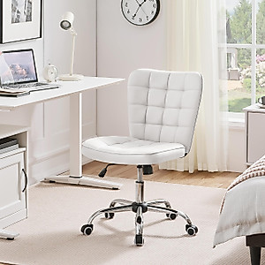 Yaheetech Armless Desk Chair Modern Tufted Office Chair Faux Leather Upholstered Computer Chair with Adjustable Seat Height and Rolling Wheels for Home/Office, White