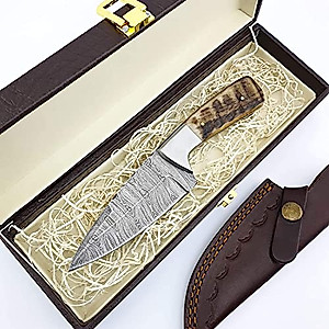 Knife4U Damascus Hunting Knife With Sheath|8"Best Camping,Hiking,Tactical,Survival Knife For Men|EDC Bushcraft Accessories Tool|Sharp Blade With Natural Handle And Knife Display Box (Rams Horn)