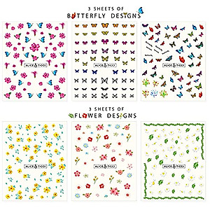 Alice & Tiggs Set of 12 Sheets Nail Art Stickers - Designer Nail Decals - Butterfly Nail Stickers for Women - Nail Stickers for Kids - Butterfly Nail Decals - Nail Sticker for Nail Decor