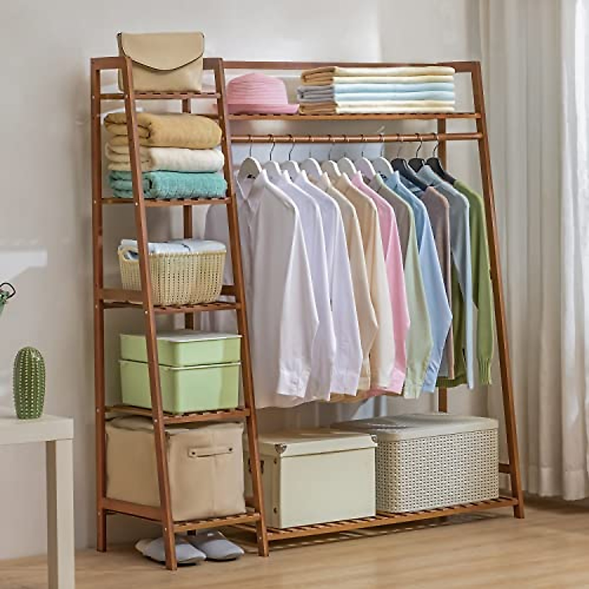 MoNiBloom Bamboo Clothing Rack with 5-Tier Storage Shelves Trapezoid Multi-Functional Clothes Rack, Clothes Hanging Rack Stand for Bedroom Living Room, Brown