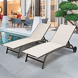 Crestlive Products Aluminum Chaise Lounge Chairs with Wheels Outdoor Adjustable Recliner Five-Position and Full Flat Tanning Chair All Weather for Patio, Beach, Yard, Pool (2PCS Beige)