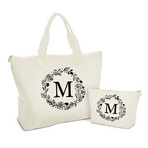Binggemen Personalized Initial Canvas Tote Bag with Zipper, Present Bag with Inner Pocket & Make Up Bag, Great Gifts for Women, Mom, Teachers, Friends, Bridesmaids