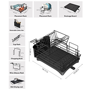 Dish Drying Rack Drainboard Set, Large Stainess Steel 2 Tier Dish Rack with Drainage Dish Drainers for Kitchen Counter with Wine Glass Holder, Cutting Board Holder, Utensil Holder and Dry Mat(Black)
