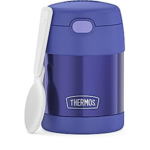 THERMOS FUNTAINER 10 Ounce Stainless Steel Vacuum Insulated Kids Food Jar with Folding Spoon, Navy & FUNTAINER 10 Ounce Stainless Steel Vacuum Insulated Kids Food Jar with Folding Spoon, Purple