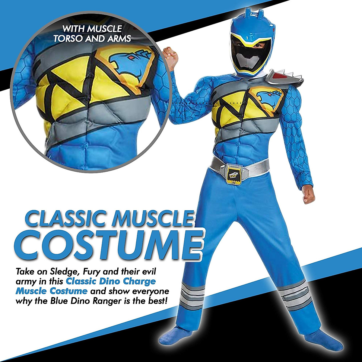 Blue Power Rangers Costume for Kids. Official Licensed Blue Ranger Dino Charge Classic Muscle Power Ranger Suit with Mask for Boys & Girls, Small (4-6)