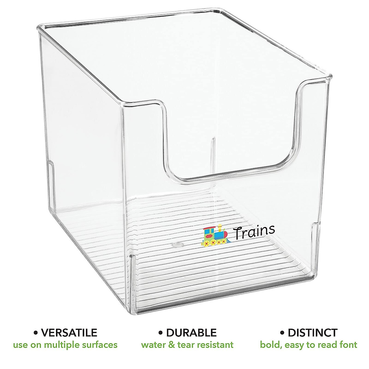 mDesign Open Front Plastic Toy Storage Organizer Bin with Labels - Container for Nursery, Kids Bedroom, Drawer, Dresser, or Playroom Closet - Ligne Collection - Includes 4 Bins + 24 Labels - Clear