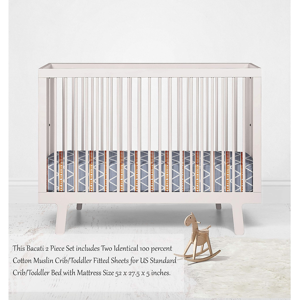 Bacati - 2 Pack Tribal/Aztec/Triangles Silky Soft Breathable 100% Cotton Muslin Baby Crib Fitted Sheets - Fits Standard 28 x 52 x 5 Crib & Toddler Mattresses (Orange/Navy Large Triangles)