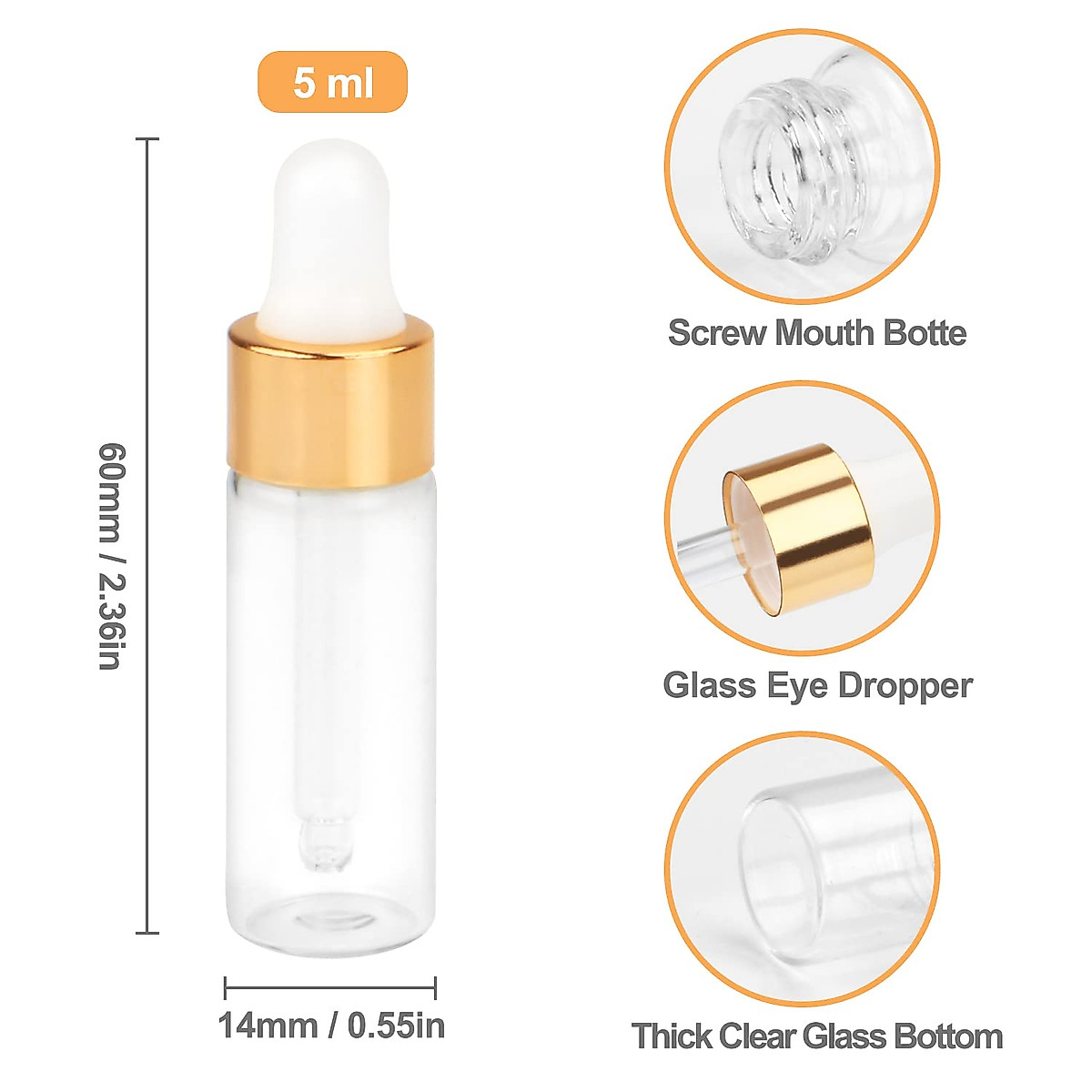 Empty Transparent Glass Bottles Containers Vials Holder,5ml Essential Oil Glass Dropper Bottle Makeup Sample Storage Containers With Gold Head Glass Dropper &White Dropper Cap&2pcs Straws,50pcs