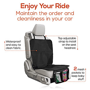 Trobo Car Seat Protector for Child Carseat, Luxury Non-Slip Large Thick Padding Waterproof Baby Car Seat Mat Pad Cover with 2 Mesh Organizer Storage Pockets to Protect Leather and Upholstery, Black