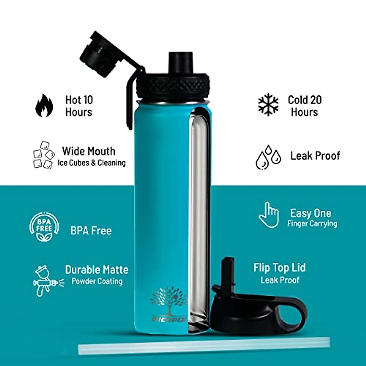 Nicepix Stainless Steel Thermal Insulated Water Bottle With Flip Top Straw & Spout Lid & Handle of size 22oz. Hot or Cold Metal Bottle in Insulated Thermos Double Wall Vacuum Stainless Steel Bottle