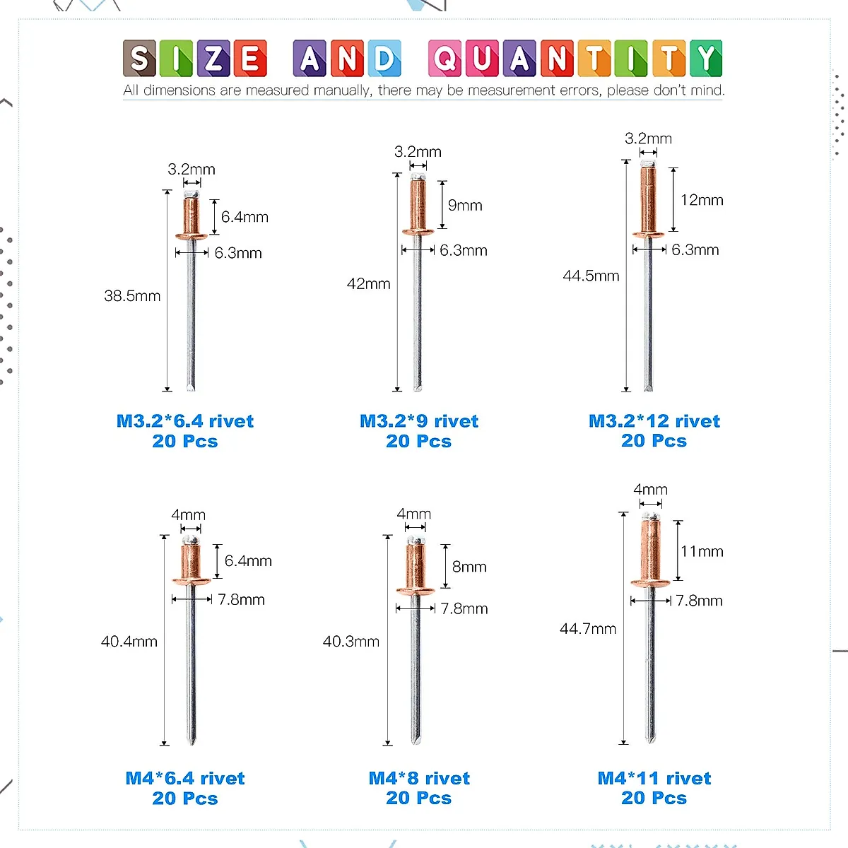 Glarks 120Pcs 6 Size Red Copper Blind Rivets Pop Rivets Assortment Set for Sheet Metal, Automotive, Railway, and Furnitures