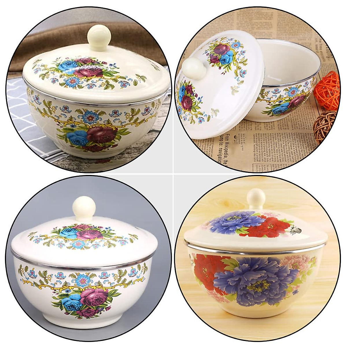 Cabilock Mixing Bowl Enamel Soup Bowl With Lid Flower Prints Enamelware Basin Old- fashioned Bowl Thickened Enamelware Bowl Large Capacity Vegetable Fruit Rice Pot Random Color Enamel Serving Bowls