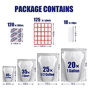 120 Mylar Bags for Food Storage with Oxygen Absorbers 300cc, 8 Mil 1Gallon 10"x14", 7.5"x11.5", 6"x9", 4.3"x6.3" Stand-Up Zipper Resealable Bags & Heat Sealable Food Storage Bags + Labels