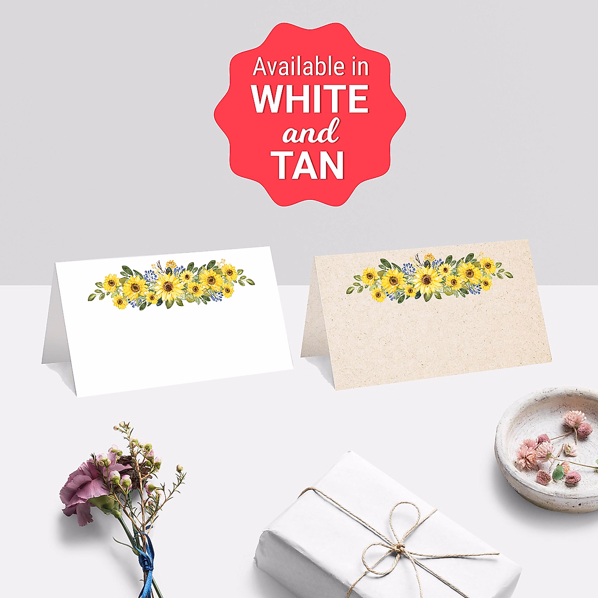 321Done Sunflower Place Cards, Made in USA - Blank Small 3.5x2 for Name Food Table Setting Dinner Party Seating Wedding Reception Buffet Tent Style Rustic Kraft Tan - Set of 24