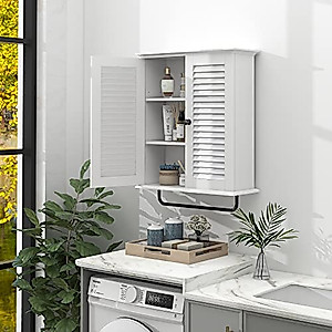 TaoHFE Bathroom Cabinet Wall Mounted White Designer Bathroom Wall Cabinet Medicine Cabinet with Double Shutter Doors 3 Tier Adjustable Shelf with Towel Rack Over The Toilet Storage Cabinet Laundry