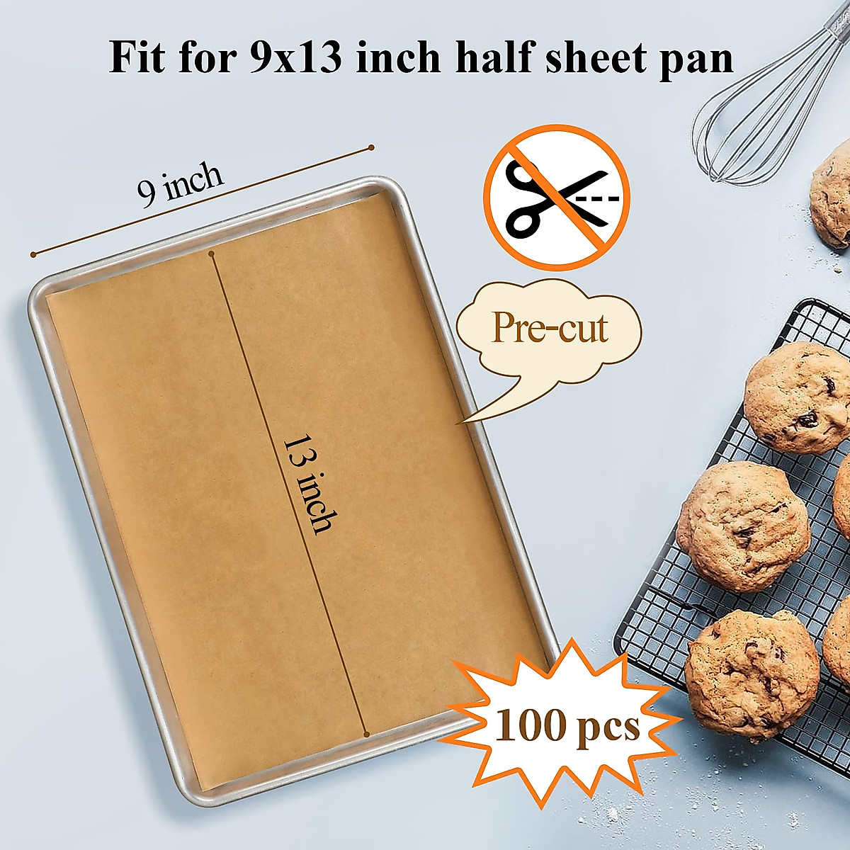 DISSKNIC 100PCS Unbleached Parchment Paper for Air Fryer Liners, 9x13 Inch Precut Parchment Paper for Baking Sheet, Baking Supplies Baking Paper for Toaster Oven, Cookie sheet, Baking pan, Bread pan
