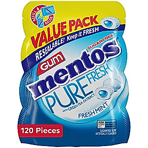 Mentos Pure Fresh Sugar-Free Chewing Gum with Xylitol, Fresh Mint, 120 Piece Bulk Resealable Bag (Pack of 1)