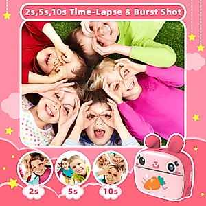 CAMCLID Instant Camera for Kids, 2.5K Kids Camera Instant Print with No Ink Print Paper & 32G Card,Selfie Digital Camera & 1080P Video Camera, Toy Gift for Girls Boys 3-12 (Pink)