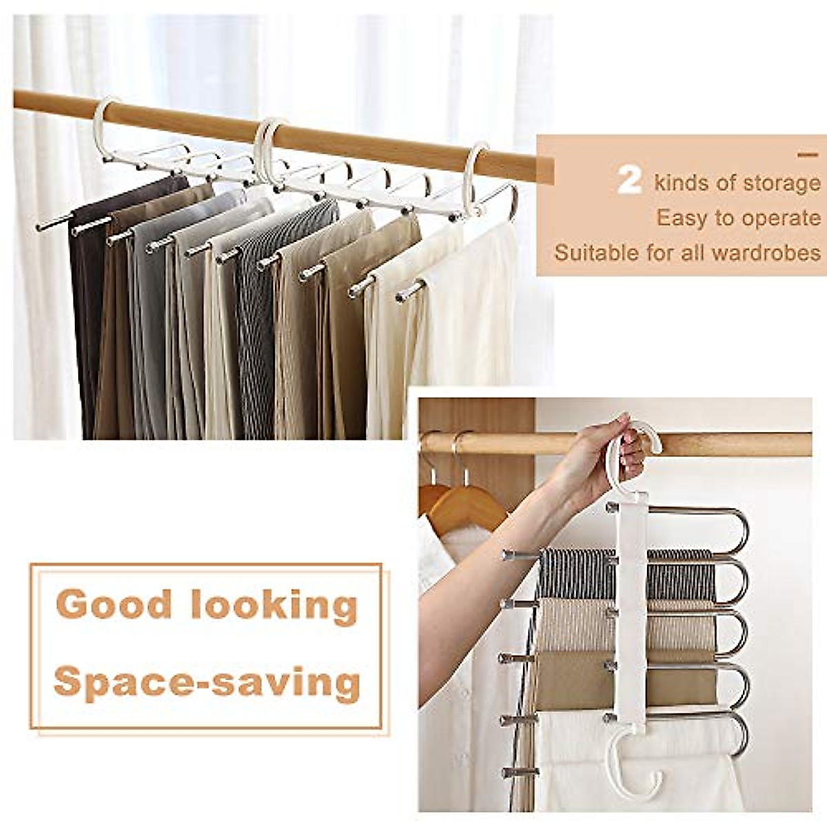 WAOU Massy Pants Hangers Multi-Layer Hanging Pants 5 in 1 Pants Rack Stainless Steel Pants Hangers Folding Storage Rack Space Saver Storage for Trousers Scarf Tie Belt Adjustable(2 Pack)
