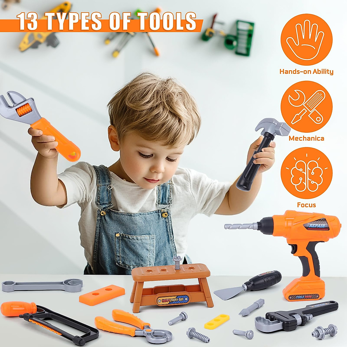 Toy Tool Set for Boys 46pcs Pretend Play Construction Toy with Storage Bag&Kids Toolbelt, Electric Drill Toy, Tape Measure, Goggle Toys Durable Kids Tool Accessories for 3 4 5 6 Year Old Kids Boys