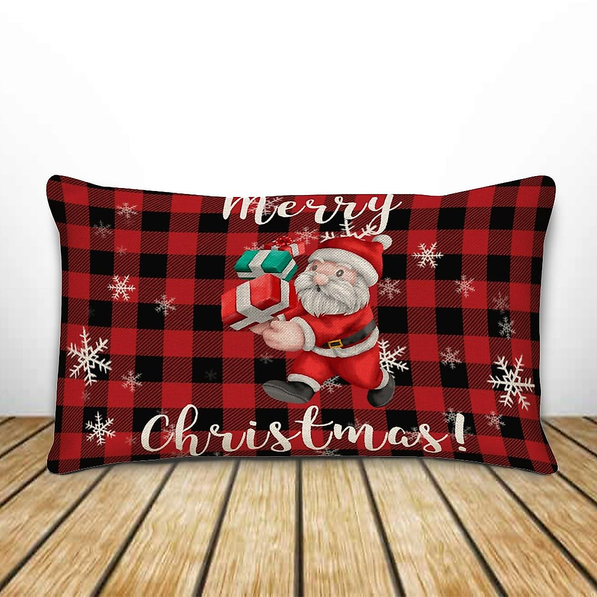 Farmhouse Cotton Linen Cushion Cover with Zipper 14x24in Red and Black Buffalo Plaid Merry Christmas Santa Claus Pillow Case Throw Pillow Cover for Living Room Bedroom Decor Xmas Gifts for Friend