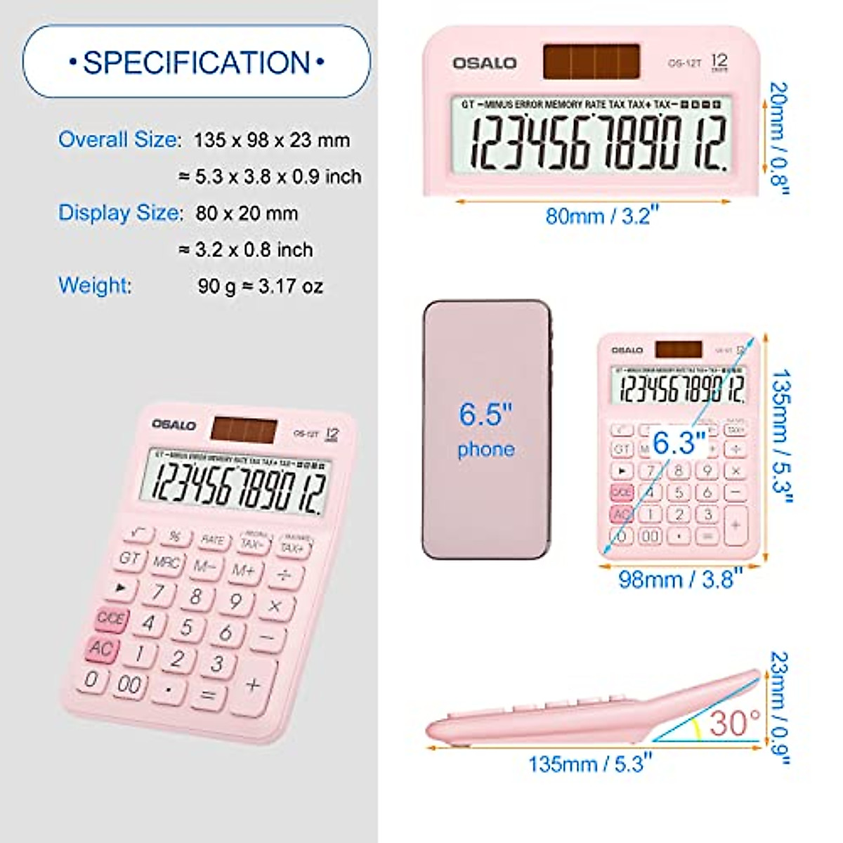 Pocket Small Size Desk Calculator, 12 Digit Large LCD Display, Basic Tax Function Handheld Desktop Calculator with Solar Battery Dual Power, Perfect for Office, School, Business OS-12T (Pink)