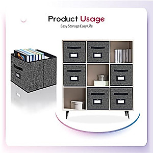 Onlyeasy Large Foldable Cloth Storage Cubes 4 Pack with Label Holders - Fabric Storage Bins Baskets Organizers for Home Office Nursery Cubby with Leather Handles, 13Wx15Dx13H Inch, Black, MXABXL04PLP