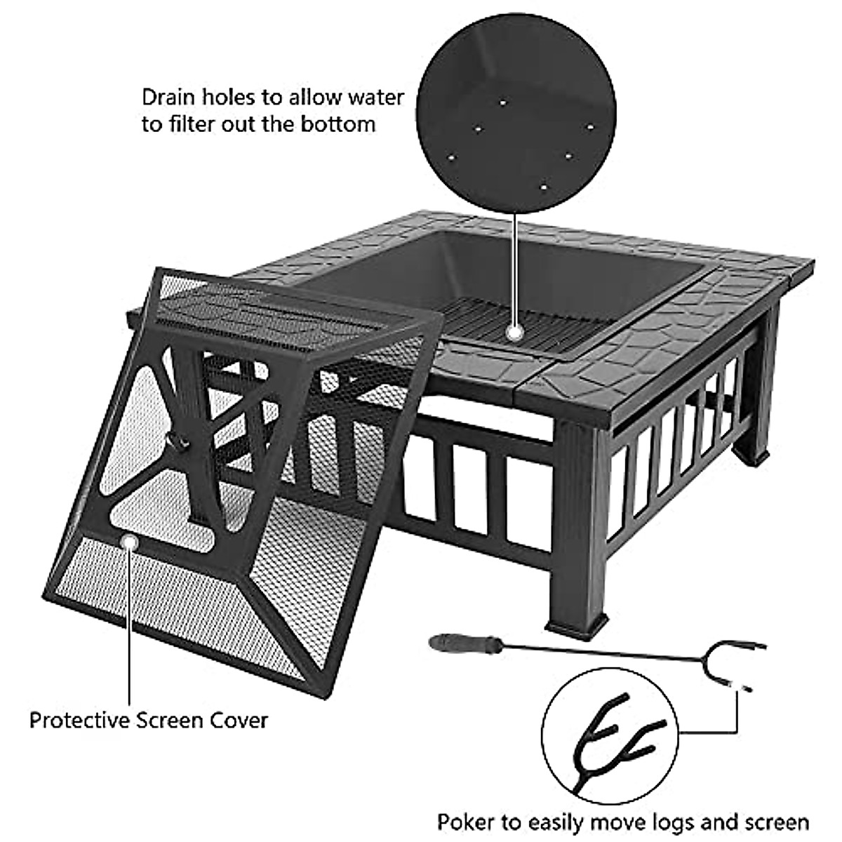 LEAYAN Garden Fire Pit Grill Bowl Grill Barbecue Rack 32In Outdoor Fire Pit Metal Square Firepit Patio Stove Wood Burning BBQ Grill Fire Pit Bowl with Spark Screen Cover, Poker