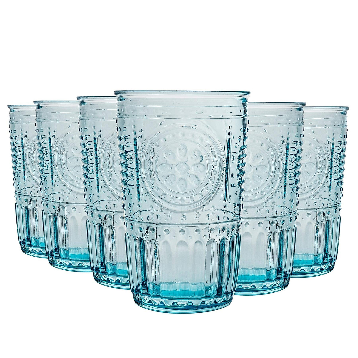 Bormioli Rocco Romantic Set Of 6 Cooler Glasses, 16 Oz. Colored Crystal Glass, Light Blue, Made In Italy.