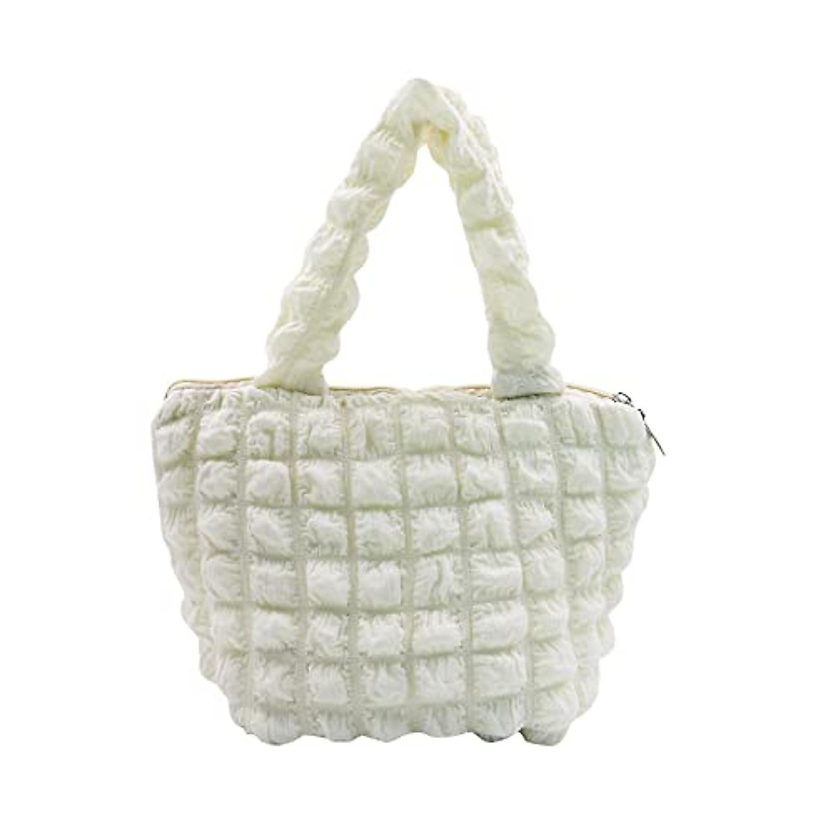 Women Chic Quilted Puffer Tote Bag, Light Solid Color Lattice Shoulder Handbag Soft Puffy Tote