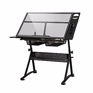 EESHHA Drawing Table Drafting Table with Storage, Height Adjustable Tiltable Art Desk, Glass Panel Drawing Desk, for Work Study Painting Craft Table