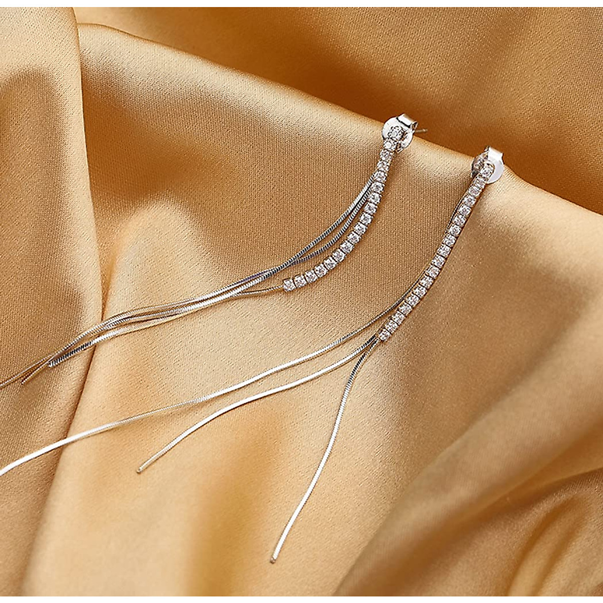 SLUYNZ 925 Sterling Silver CZ Dangle Earrings Chain for Women Teen Girls Long Dangle Earrings Tassel with Snake Chain Backs3 (A-Silver)