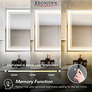 Keonjinn 40 x 32 Inch LED Mirror, Bathroom Mirror with Lights, Adjustable 3000K/4500K/6000K Lights, LED Vanity Mirror, Wall Mounted Anti-Fog Dimmer Front Lighted Makeup Mirrors(Horizontal/Vertical)