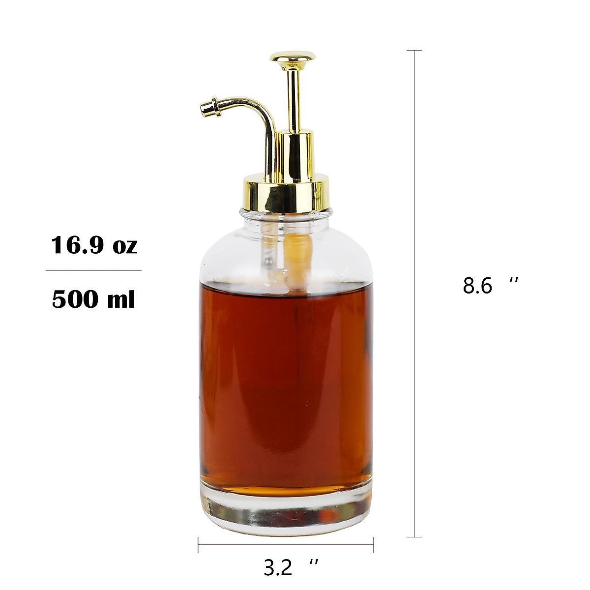 Hzxcuim 16.9 oz Syrup Dispenser with Pump, Syrup Bottle with Gold Pumps 2-Pack，Pump Glass Syrup Bottle, Coffee Syrup Dispenser for Coffee Bars (Gold-2pack)